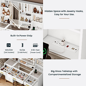 AOGLLATI Makeup Vanity Desk with Lights, Vanity Desk with Mirror and Lights, White Vanity Set with Charging Station,Big Glass Desktop, Hidden and Open Storage Shelves