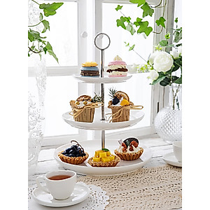 Sweese 10inch Porcelain Cake Stand Round Dessert Stand White + 3 Tier Cupcake Stand Porcelain Dessert Stand White