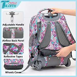 NEW TILAMI Rolling Backpack 18 Inch, Boys Girls Cute Wheeled Laptop Boys Girls Travel School Student Trip Bag, Pink Love