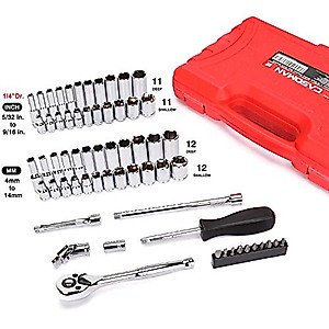 CASOMAN 1/4-Inch Drive Master Socket Set with Ratchets, Adapters, Extensions with 1/4’‘ Dr. Bits Set, Inch/Metric, 6-Point, 5/32-Inch - 9/16-Inch, 4 mm - 14 mm, 62-Piece 1/4" Dr. Socket Set