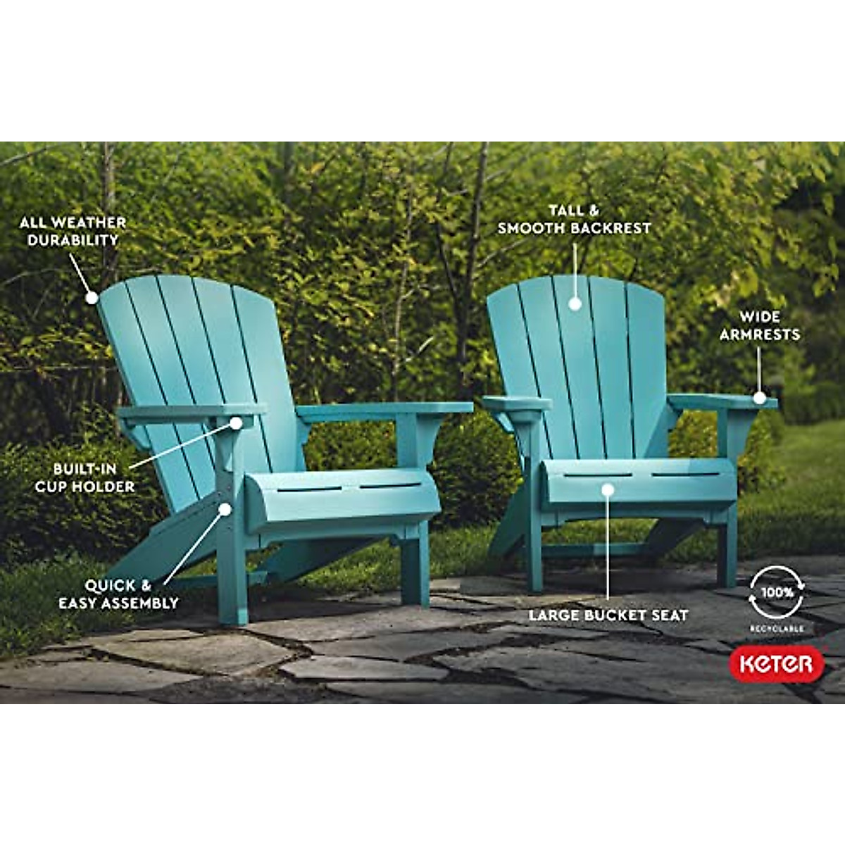 Keter Alpine Adirondack 2 Pack Resin Outdoor Furniture Patio Chairs with Cup Holder-Perfect for Beach, Pool, and Fire Pit Seating, Teal