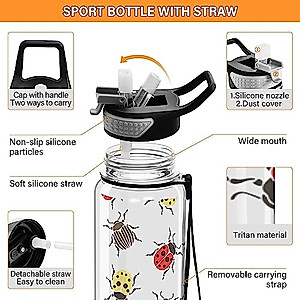 Boccsty Beetle Ladybug Pattern Kids Water Bottle with Straw Insects Sports Bottles BPA-Free Tritan Plastic Water Jug for Women Men Gym Outdoors