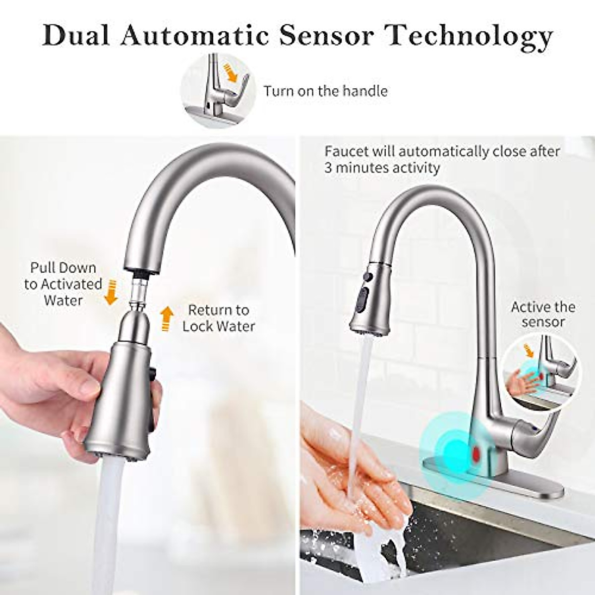 Touchless Kitchen Faucet, Himimi Brushed Nickel Kitchen Faucet with Pull Down Sprayer, Single Handle and Dual Sensors Smart Faucet for Kitchen Sink, Stainless Steel Kitchen Faucet, Anti-Fingerprint