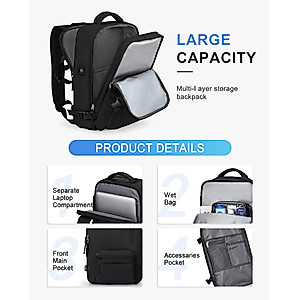 VECAVE Large Carry On Backpack for Women Men,Travel Backpack, Airline Approved Backpack Fit 17 Inch Laptop with USB Charging Port (Black)