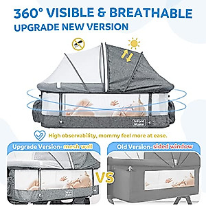 3 in 1 Baby Bassinet, Upgraded Beside Crib with 360° Highly Visible Mesh wall, Comfy Co-sleeper Bassinet with mattress, 5 Level Adjustable Height, Foldable & Portable BabyTravel Crib for Newborn, Grey