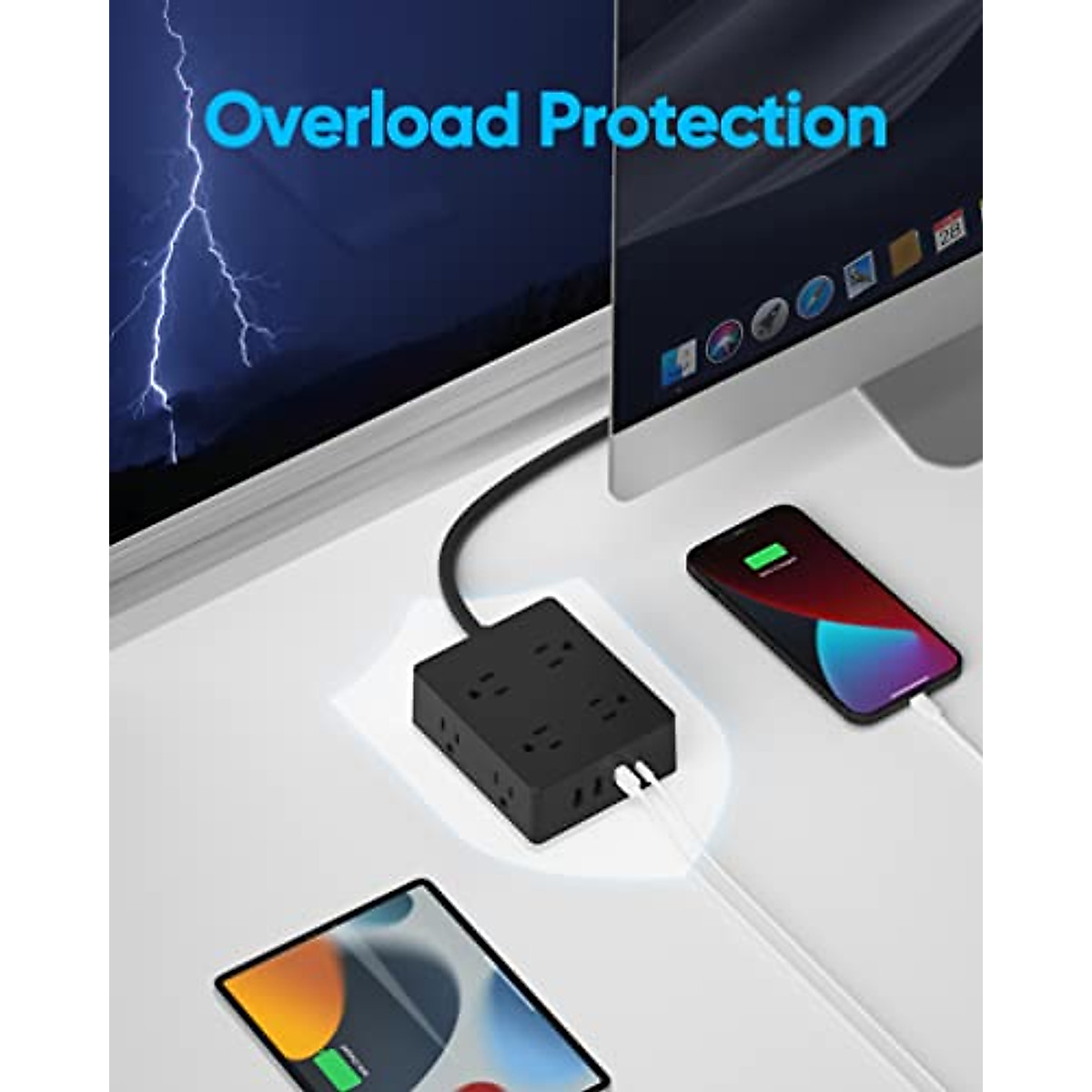 Cruise Essentials, Thin Plug Power Strip with 8 Outlets 4 USB Ports(1 USB C), 5ft Flat Extension Cord, Non Surge Power Strip for Cruise Ship Travel, Dorm Room Essentials