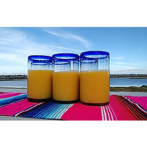 Hand Blown Mexican Drinking Glasses - Set of 6 Glasses with Cobalt Blue Rims (14 oz each)