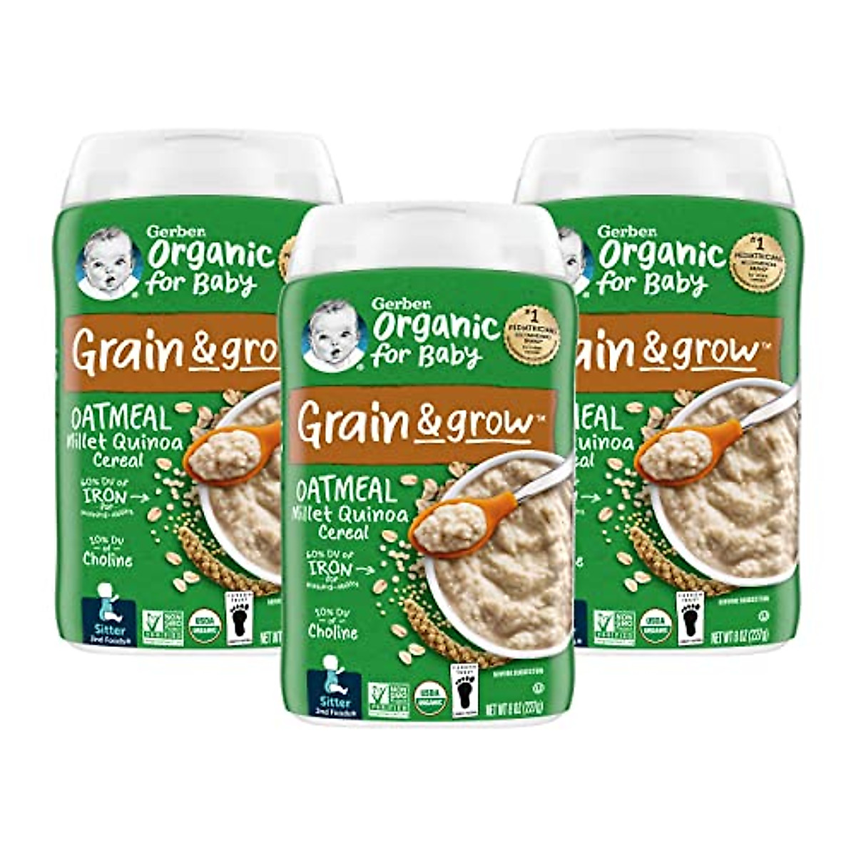 Gerber Organic for Baby Grain & Grow 2nd Foods Cereal, Oatmeal Millet Quinoa Cereal, USDA Organic & Non-GMO Baby Cereal, 8 - Ounce Canister (Pack of 3)