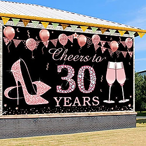 Kauayurk 30th Birthday Decorations Cheers to 30 Years Banner, Rose Gold 30 Year Old Birthday Backdrop Decor for Women, Large Thirty Birthday Poster Party Supplies