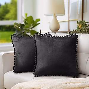 PAVILIA Black Throw Pillow Covers with Pom Pom 18x18 Set of 2, Decorative Pillow Cases for Bedroom Aesthetic, Small Throw Pillows Set for Bed, Velvet Euro Plush Cushion Covers for Sofa Couch
