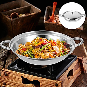 HOLIDYOYO Stir Frying Pan Skillet with Lid Stainless Steel Wok Cooking Pan Japanese Shabu Hot Pot Induction Pan Double Handles Portable Cookware for Home Kitchen Restaurant 10in