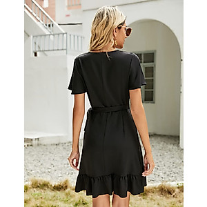 Naggoo Womens Wrap Dress V Neck Trendy Polka Dot Ruffle Short Sleeve Evening Mini Dress (Large, Solid Black)