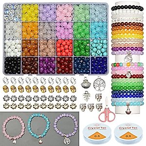 AIFNIY 570PCS Glass Beads for Jewelry Making 8mm Turquoise 24 Colors Crystal Beads Bracelet Making Kit Loose Round Gemstone Stone Spacer Chakra Energy Healing Beads Bulk DIY Crafts (Kit A)