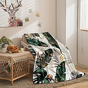 Bedbay Leaf Blanket Soft Flannel Throw Blanket for Couch Green Blanket Green and Gold Palm Leaf Printed Lightweight Plush Throw Fleece Blanket for Bed Sofa Chair (Leaf, Throw(50"x60"))
