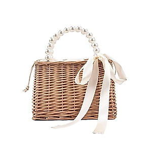 ZHYLing Handmade Woven Purse Wicker Beach Handbag Fashion Women Pure Color Rattan Woven Pearl Basket Handbag Mini Tote Lunch Bags (Color : 3)