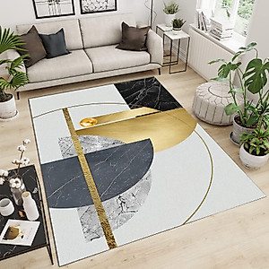 Nordic Gold Black White Geometry Area Rugs, Light Luxury Gray Marble Texture Living Room Rugs, Fade Resistant Soft Anti-Slip Rug for Patio Sofa Dining Table Bedside Bedroom 3ftx5ft