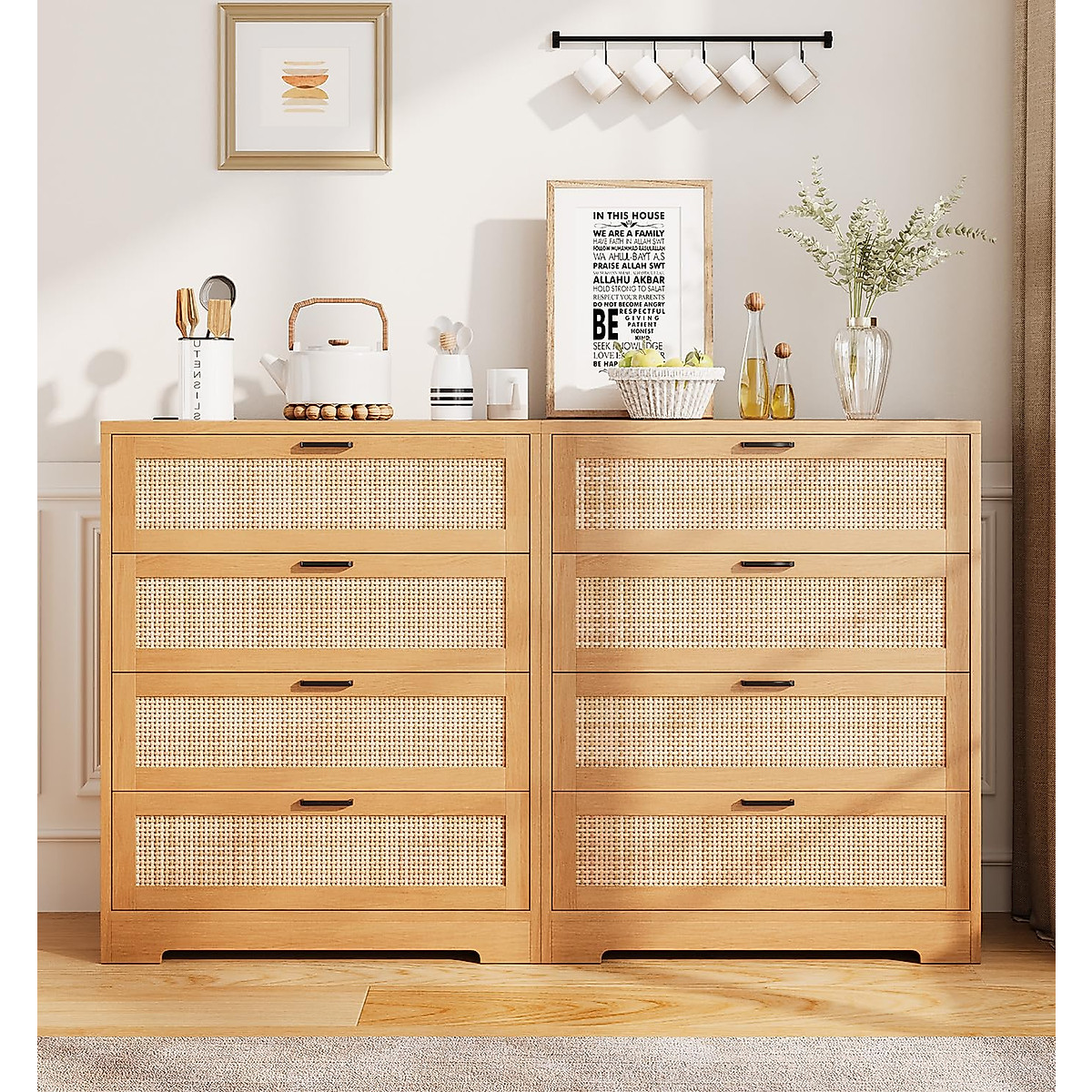 GarveeHome 4 Drawer Dresser Rattan Dresser, Tall Chest of Drawers, Wood Dresser for Bedroom, Closet, Living Room, Hallway