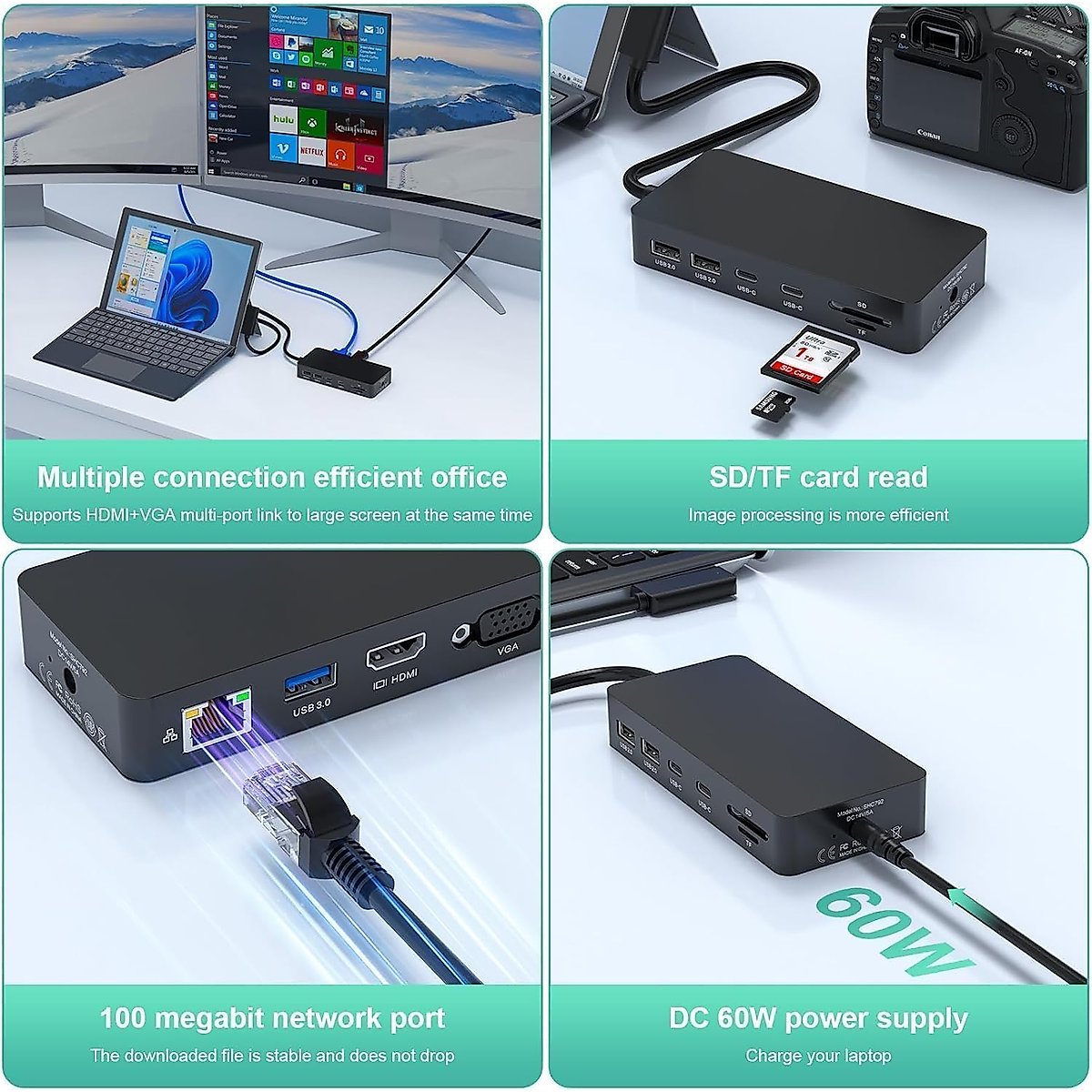 MTAKYI Surface Dock Triple Display with Power Supply, 12 in 1 Surface Pro Docking Station Dual 4K HDMI+VGA for Surface Pro 9/8/X/7/6/5/4/3, Surface Laptop go/5/4/3/2/1 USB C Splitter