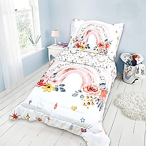 4 Pieces Toddler Bedding Set for Girls, Rainbow Toddler Comforter Set, Include Quilted Comforter, Flat Sheet, Fitted Sheet, Pillowcase, Ultra Soft and Breathable, Boho Floral, Pink