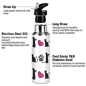 Yasala Water Bottle Black Cat Pink Heart Cute Coffee Thermos Stainless Steel Insulated Beverage Container 20 oz with Straw Lid BPA-Free for Sport, Travel, Camping, Back to School