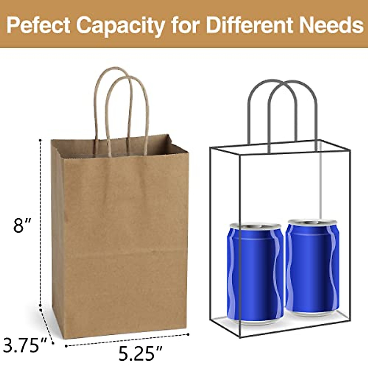 Poever Brown Paper Bags with Handles 5.25x3.75x8 Kraft Paper Bags 50 PCS, Small Gift Bags Shopping Bags Party Bags Goody Bags Grocery Bags Recyclable for Birthday Takeouts