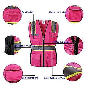 JKWEAR Women Safety Vest, Multi Pockets High Visibility Reflective Breathable Mesh Work Vest For Lady, Durable Zipper (Small, Pink Purple)