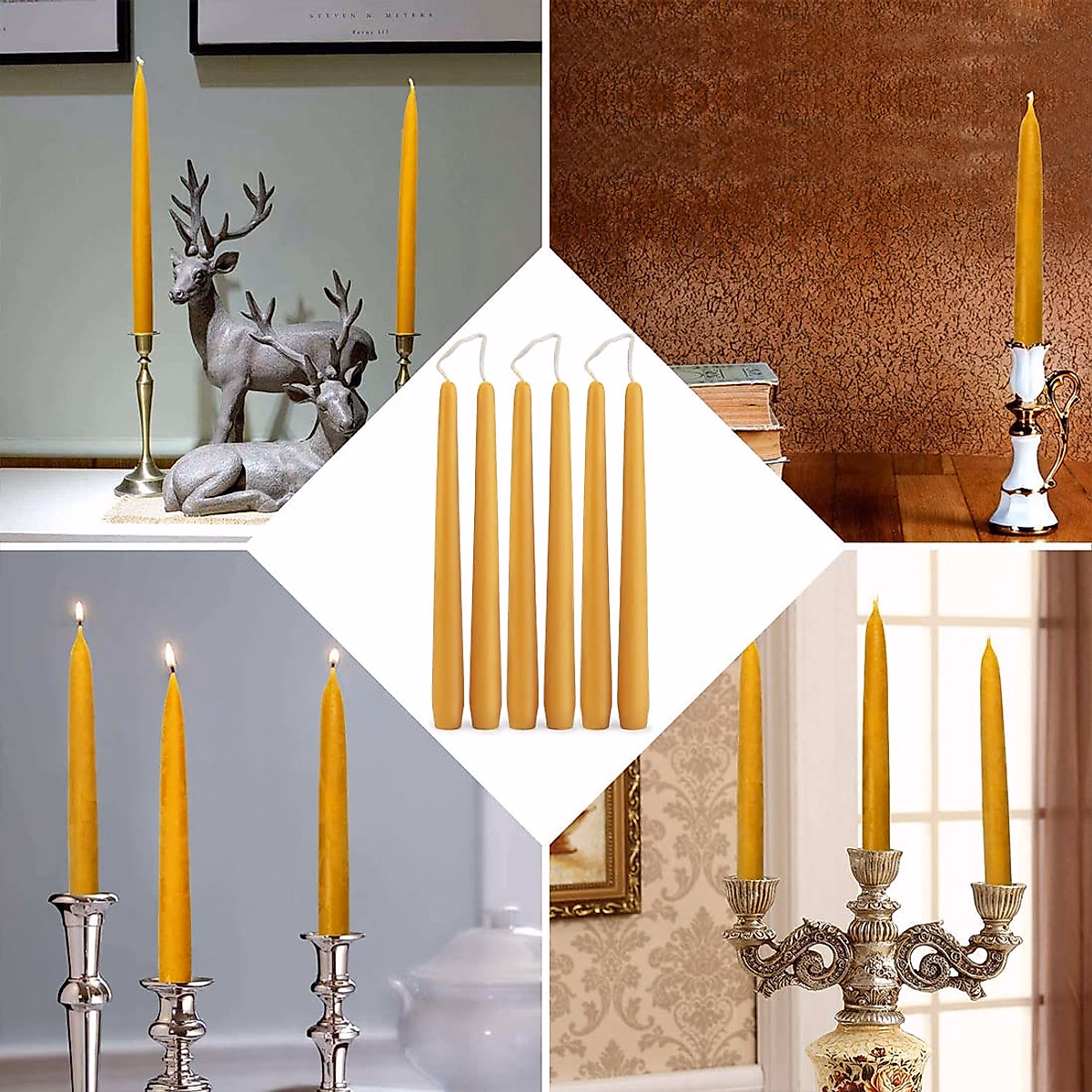 Natural Beeswax Taper Candles 10"- Beeswax Candles Set 6 Pack, Yellow