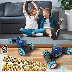 Pristar RC Cars Gesture Sensing Stunt Car, Best Gifts for Boys 6-12, 2.4Ghz Remote Control Car Toys for Boys Age 6 7 8 9 10 11 12, Double Sided Flip 360° Rotate 4WD Off-Road with Spray Lights Music