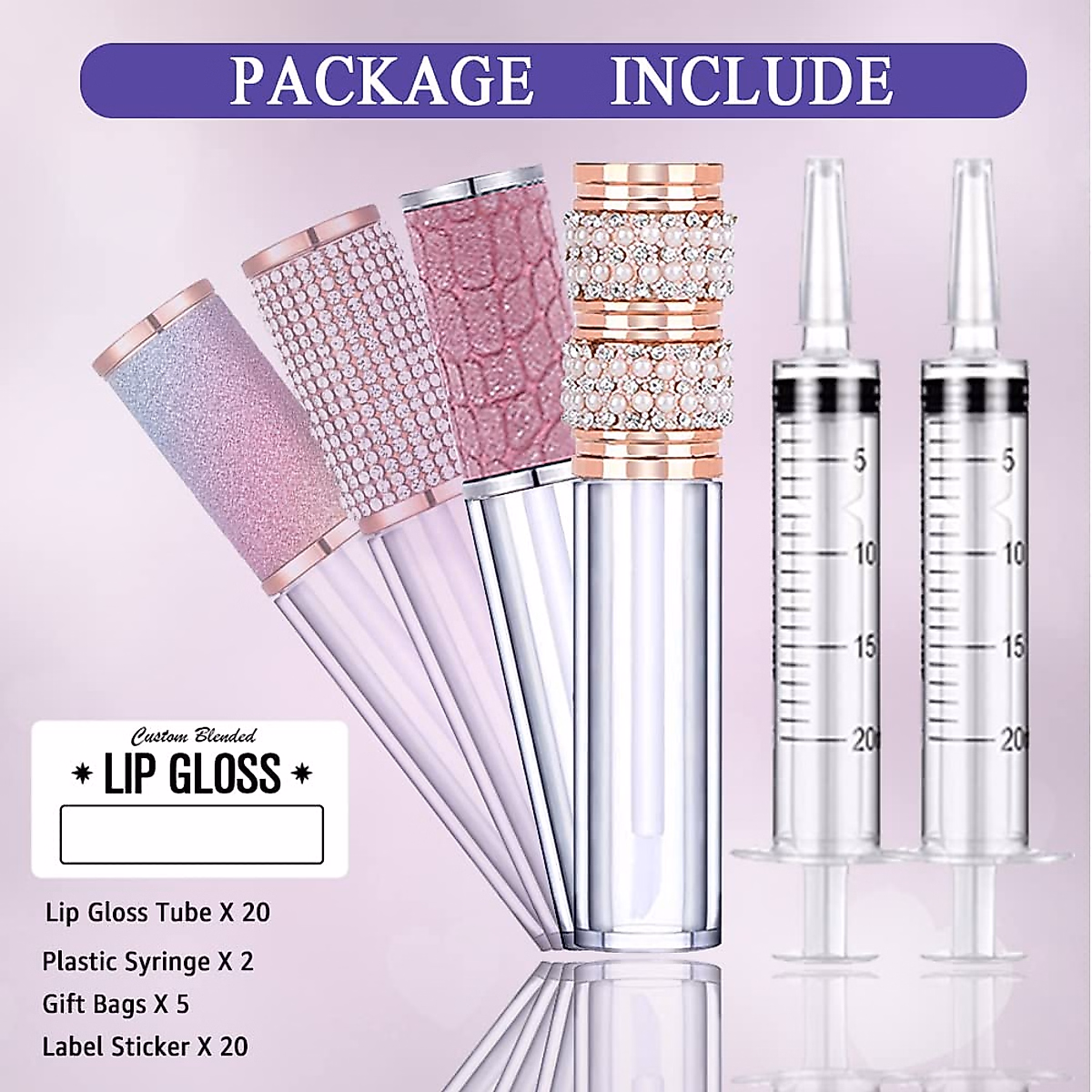 AMORIX 20 Pack Diamond Lip Gloss Tubes with Wand 5ml Empty Rhinestone Cute Lipgloss Bottles/Containers Crystal Lip Gloss Supplies Kit + 2pcs Syringes + Labels for DIY Lip Gloss Base