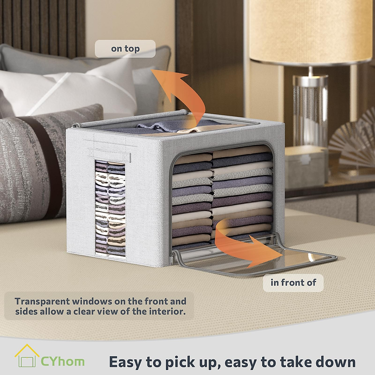 3Pack Foldable Storage Bins - Frame Storage Box Linen Fabric Stackable Clothes Container Organizer with Clear Window & Carry Handles Large Capacity (Large-66L, Light Grey)