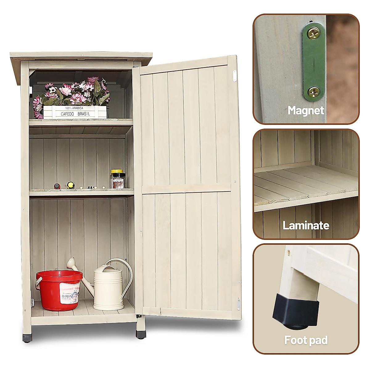 FTCBNet Outdoor Storage Cabinet Wooden Garden Tool Cabinet Shed Sloping Waterproof Galvanized Sheet Roof with 2 Shelves for Deck, Patio, Garden and Yard (Gray)