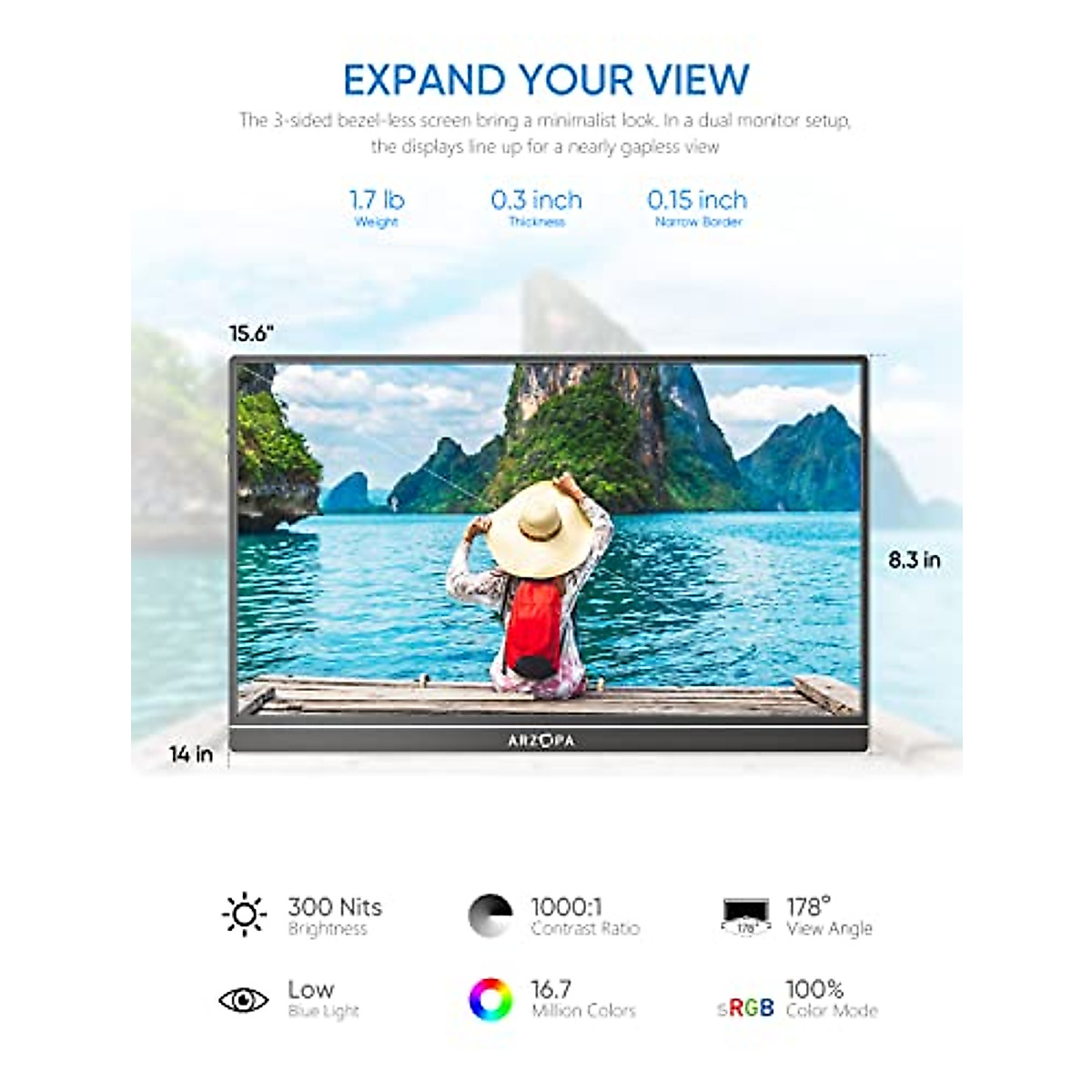 ARZOPA Portable Monitor, 15.6'' 1080P FHD Laptop Monitor USB C HDMI Computer Display HDR Eye Care External Screen w/Smart Cover for PC Mac Phone Xbox Switch PS5-S1 Table