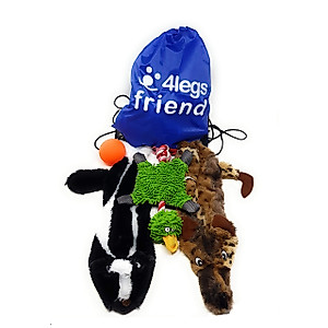 Large Dog Toys Set of 3 Plush Stuffingless Animals 24 Inches - Skunk/Wolf Squeaky Toys - Duck Squeaky w/ Crinkle Body and Rope for Tug. Rubber Ball for Aggressive Chewers Medium/Large Dogs + Carry Bag