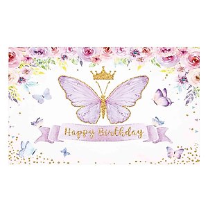 Funnytree Happy Birthday Butterfly Party Backdrop Purple Baby Girls Princess Pink Rose Floral Gold Photography Background Kids Sweet Cake Table Banner Decor Supplies