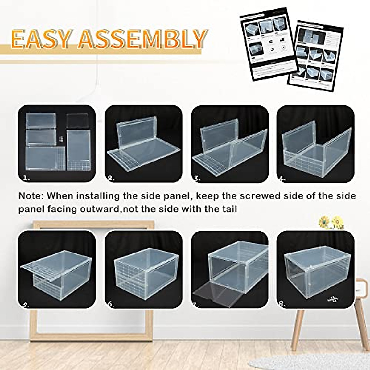 Hrrsaki 8 Pack Shoe Storage Box, Drop Front Shoe Boxes,Shoe Box Clear Plastic Stackable, Shoe Storage Box and Shoe Organizer for Display Sneakers,Easy Assembly,Fit up to US Size 12(13.4”x 10.7”x 7.2”) - Black