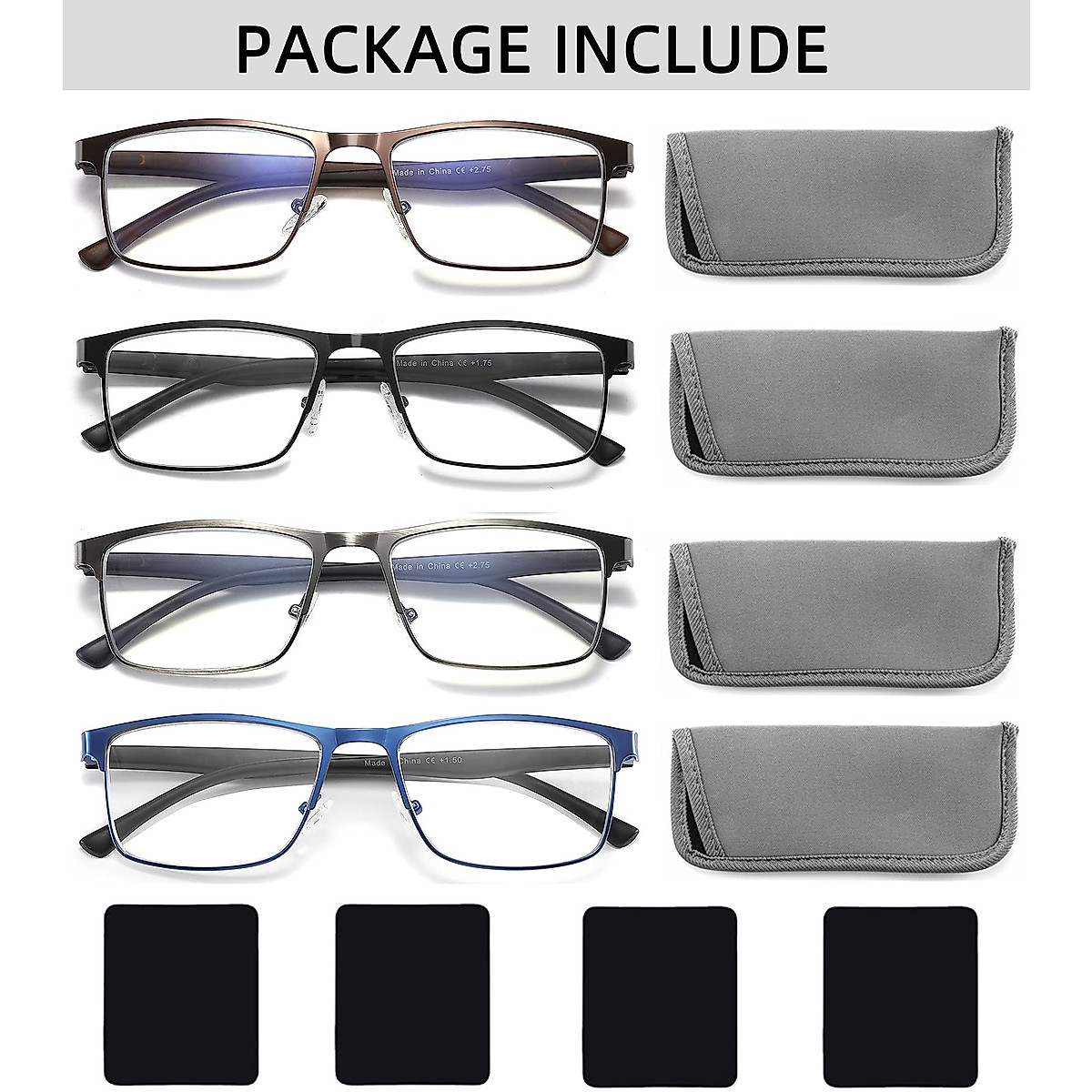 DILLY VISION 4-Pack Blue Light Blocking Reading Glasses for Men Stylish Metal Frame Readers with Comfort Spring Hinges Anti Glare UV Filter Eyeglasses, +2.5 STRENGTH