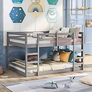 Bellemave Full Over Full Low Bunk Bed, Solid Wood Floor Bunk Bed with Ladder, for Toddlers Kids Boys Girls (Gray)