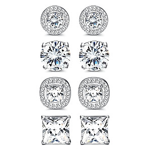 CASSIECA Cubic Zirconia Stud Earrings | 18K White Gold Hypoallergenic Birthstone Earrings | Brilliant Large Simulated Diamond Halo Stud Earrings for Women Men