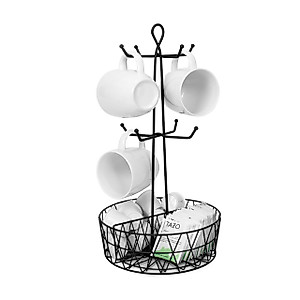 Spectrum Diversified Paxton 8 Holder & Coffee Station Organizer Rustic Twist Designed Coffee Rack & Coffee Accessory Storage, Mug Tree for Kitchens, Offices, Parties & More, Black