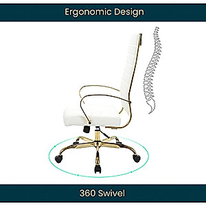 LeisureMod Benmar Modern High-Back Adjustable Swivel Leather Office Chair with Gold Frame (White)