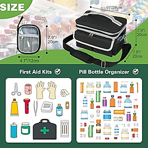 RONCHIL Medicine Storage Bag Pill Bottle Organizer with Portable Small Pouch Travel Medication Bottle Organizer for Emergency Home First Aid Box Kit Empty with Shoulder Strap Black