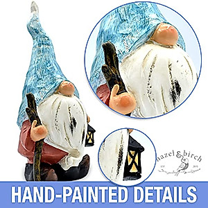 Hazel & Birch Outdoor Garden Gnomes Decorations - 9 inches Tall - Gnome Statues for Yard, Lawn, Patio, Porch - Hand Painted Decor, Weatherproof Gnome Figurine (Blue Hat Stick & Lantern Gnome)