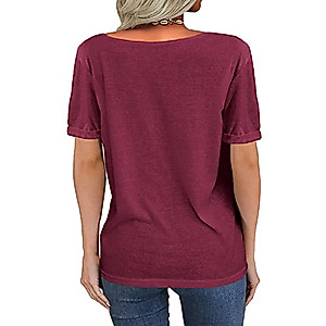 Danedvi Women Fashion Deep V-Neck Short Sleeve Tops Solid Casual Loose Basic T Shirt Fuchsia