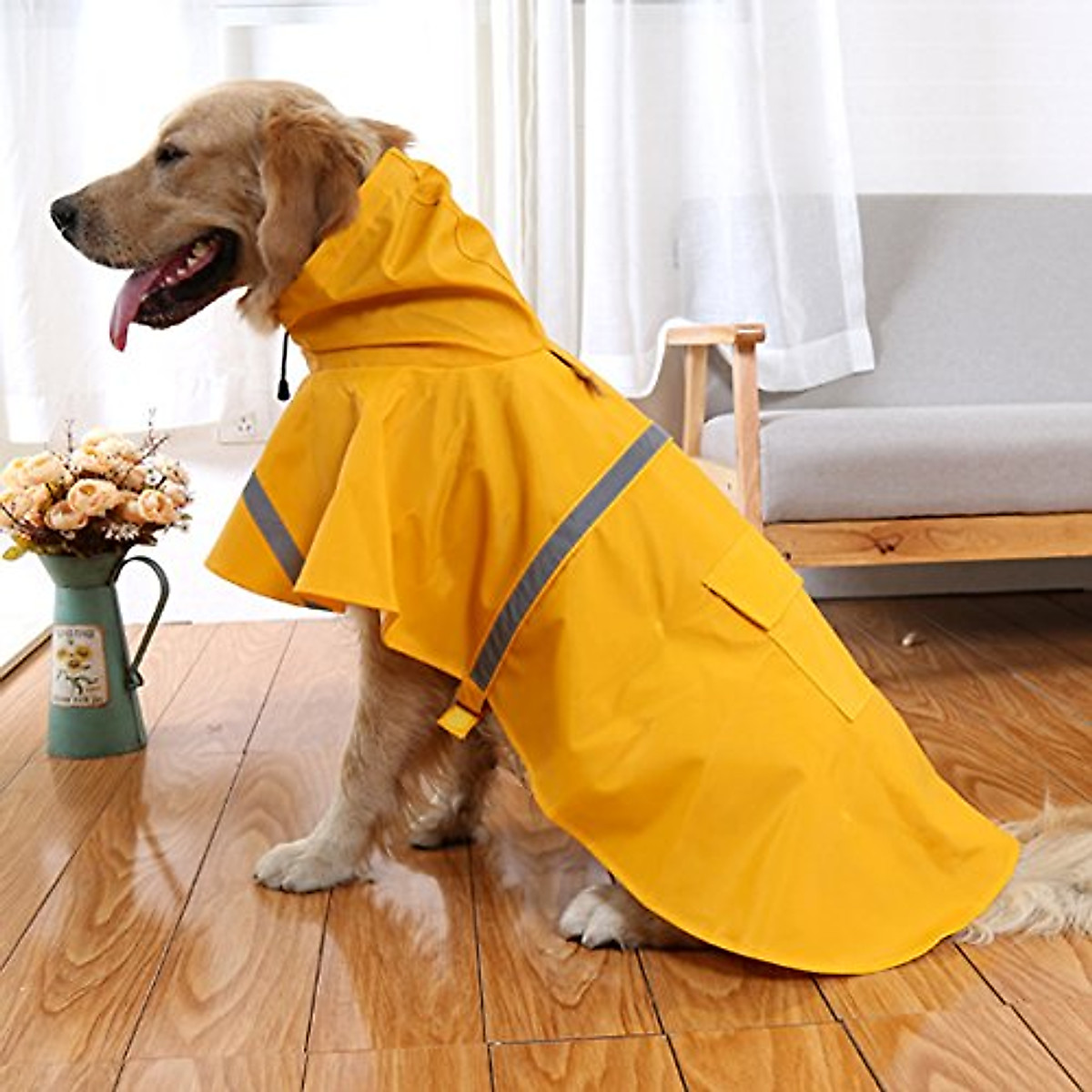 NACOCO Large Dog Raincoat Adjustable Pet Water Proof Clothes Lightweight Rain Jacket Poncho Hoodies with Strip Reflective (XL, Yellow)…