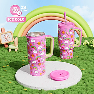 Meoky Kids Tumbler with Handle for Drinks: 24 oz Insulated Toddler Tumbler with Lid and Straw - Keeps Cold for 24 hours - Stainless Steel Travel Mug BPA-Free for School Trip - Girls Students, Cloud