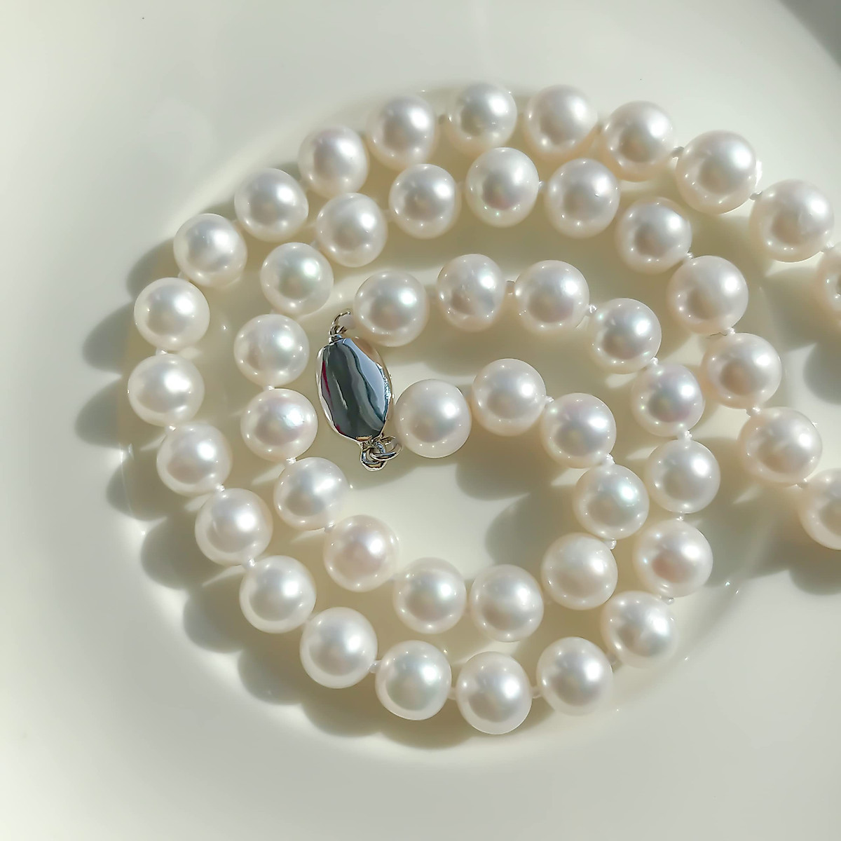 Freshwater Cultured Pearl Set Jewelry for Women Includes Pearl Bracelet, Stud Earrings and Drop Dangle Earrings High Luster AAA Quality Genuine Round White Pearl Strand Necklace Set Mother