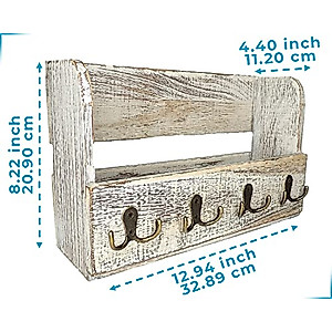Comfify Wooden Wall Mount Mail Holder Organizer – Rustic Key Holder Organizer for Wall – Magazine Holder with 4 Double Key Hooks – Distressed White Rustic Wall Décor for Entryway