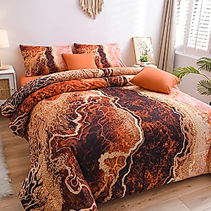 A Nice Night Marble Like Burning Mountain Printed Bedding Set,Retro Style Watercolor Artwork Design,Ultra Soft Comforter Set,7pcs Bed in a Bag,Queen,Orange