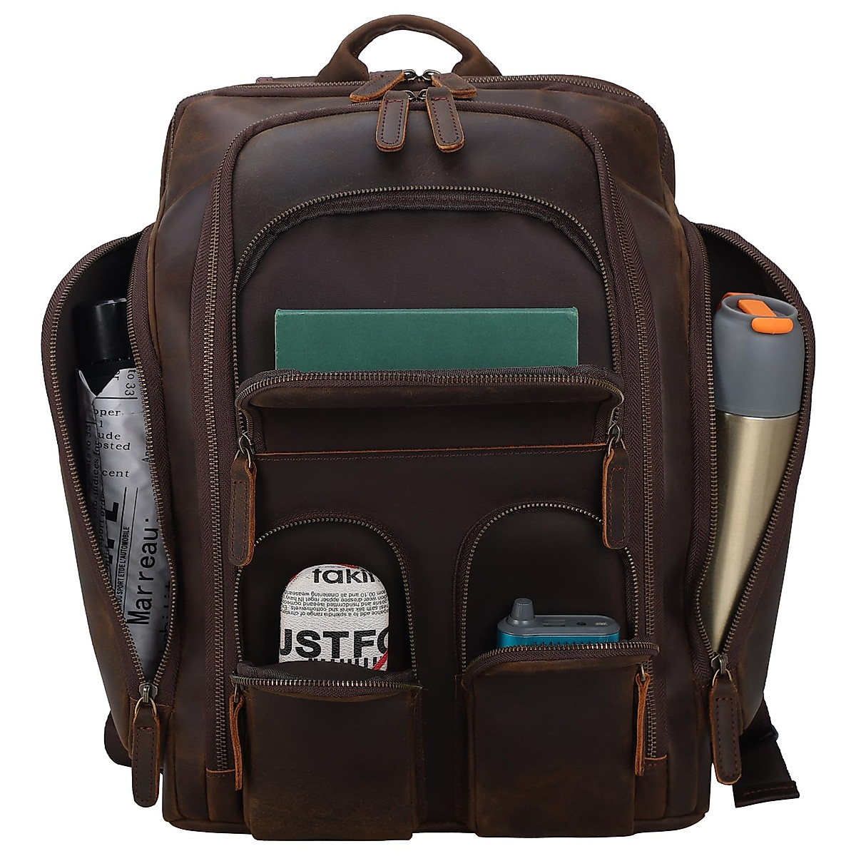 Masa Kawa Vintage Leather 15.6" Laptop Computer Backpack Camera Bag for Men Photographers Brown Large Business Travel Work Multi Pockets Rucksack Daypack