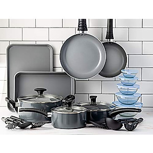 BELLA 21 Piece Cook Bake and Store Set, Kitchen Essentials for First or New Apartment, Assorted Non Stick Cookware, 9 Nylon Hassle-Free Cooking Tools, 5 Glass Storage Bowls w Lids, BPA & PFOA Free